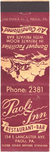 Paoli Pennsylvania Paoli Inn Restaurant-Bar Vintage Matchbook Cover | eBay