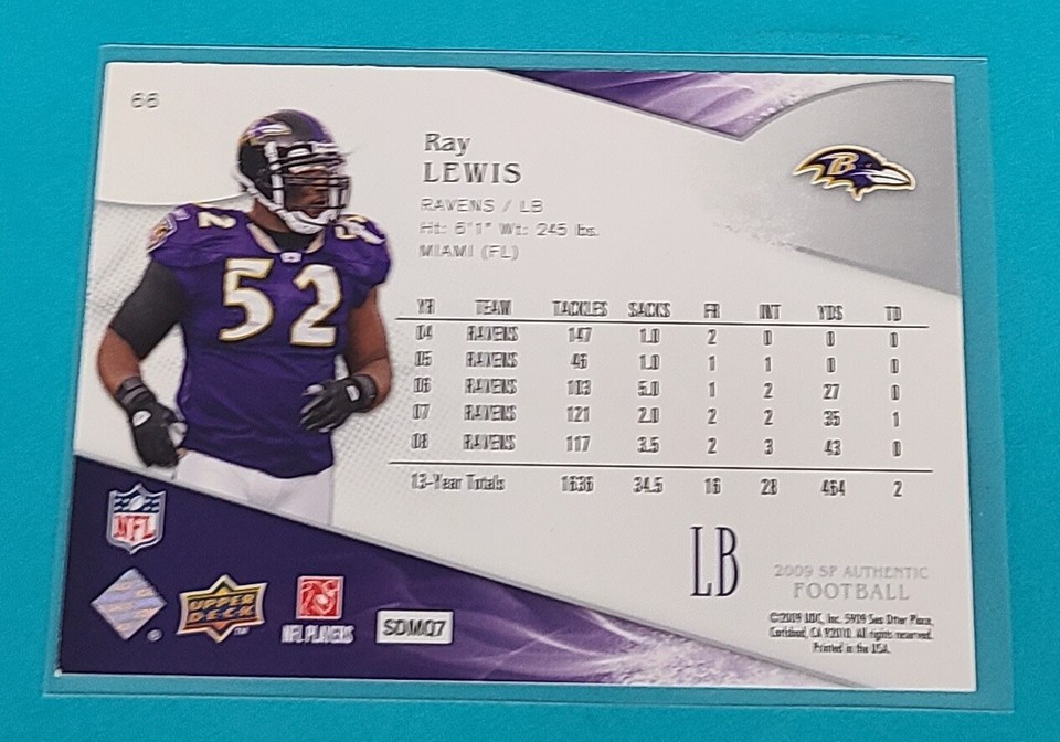 2009 SP Authentic #66 Ray Lewis Baltimore Ravens Football Card H4 | eBay