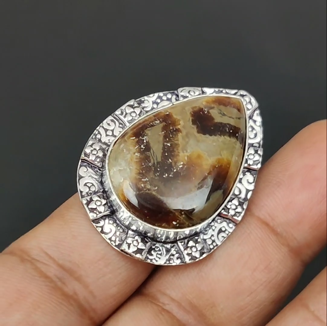 Natural Septarian Gemstone Solitaire Ring Size 7.5 925 Sterling Silver ...