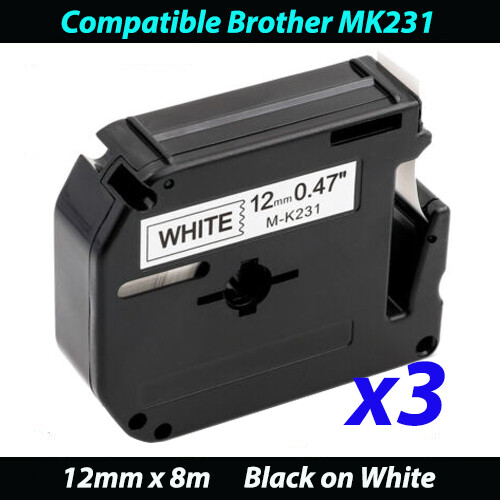 3x Non-OEM Label Tape MK231 M-K231 for Brotehr PT80 PT90 Black on White ...