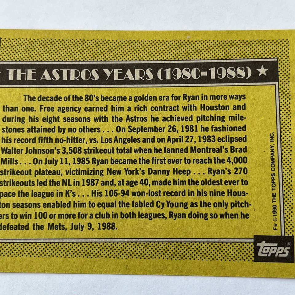 Nolan Ryan Rare Collectors Card 1990 Topps 5000 K's Astros Pitcher Card ...