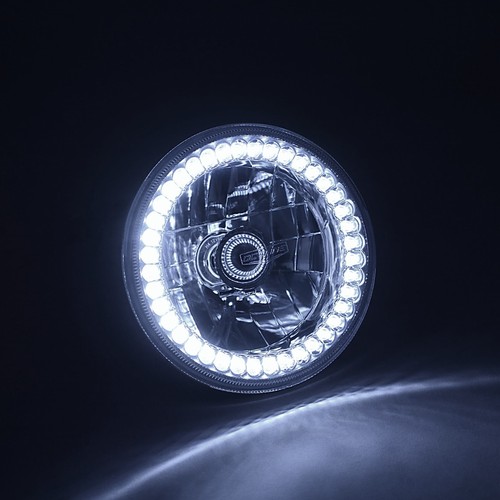7" Halogen White LED Halo Ring Angel Eye Headlight Headlamp Light Bulbs ...