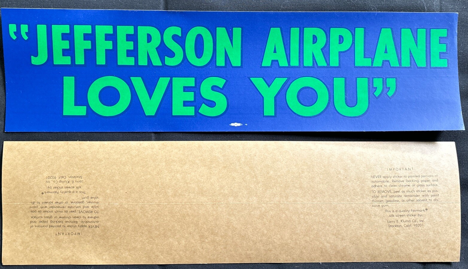 “Jefferson Airplane Loves You” Bumper Sticker, 1960's Original Vintage ...