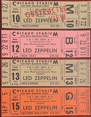 Led Zeppelin Complete Set of Unused Tickets Chicago 1980 Four (4) Shows ...