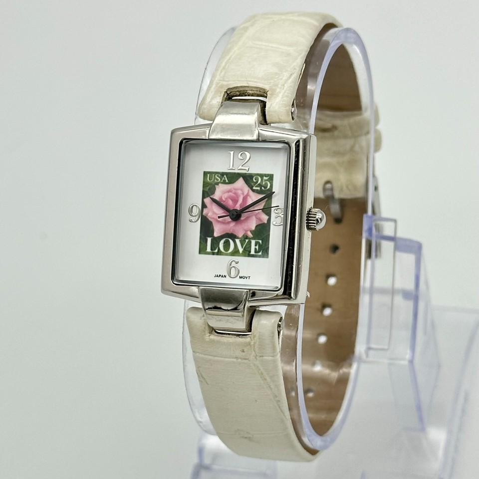 Women's USPS LOVE Pink Rose 25 Cent Stamp Watch, White Leather, Silver ...