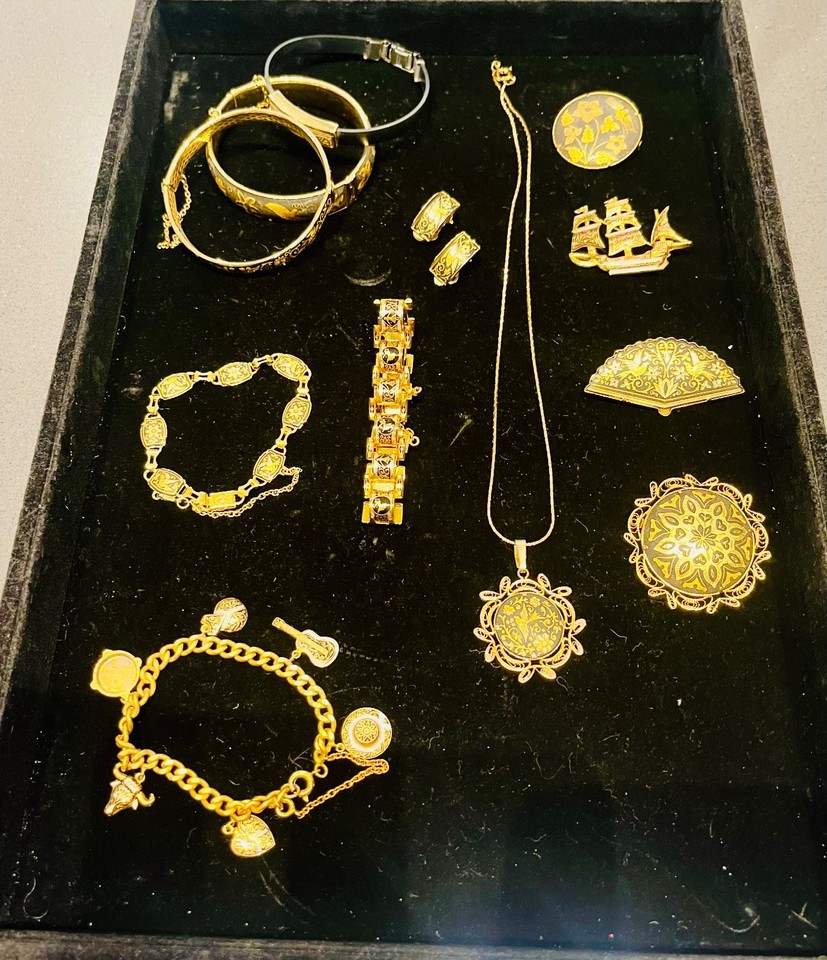 Vintage Damascene Jewelry Lot – 12pc Spain Toledo Bracelets Brooches ...