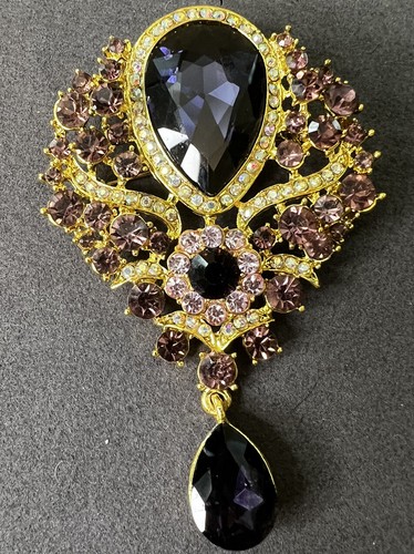 FLORAL DRAPE BROOCH Pin Purple Rhinestone Pear Dangle Costume Jewelry ...