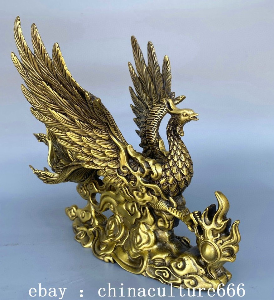 9" Old Dynasty Copper Gilt Palace Fengshui Phoenix Bird Statue ...