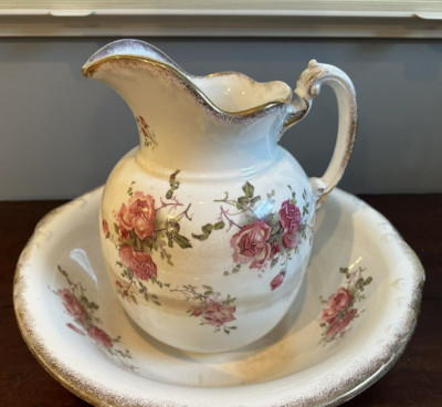 Antique Maddocks Lambertson Real Porcelain Pitcher & Wash Bowl Pink ...