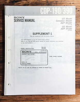 Sony CDP-190 CDP-390 CD Player Service Manual Supplement *Original* | eBay