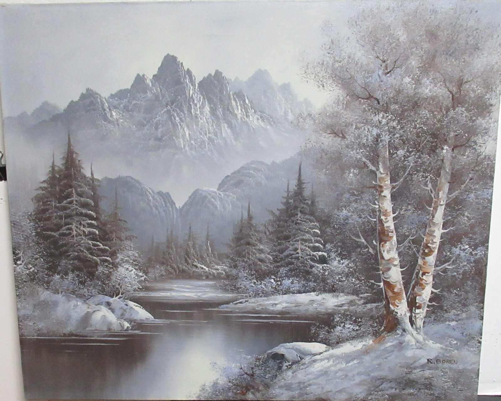 R.BOREN OIL ON CANVAS SNOW MOUNTAIN RIVER LANDSCAPE PAINTING | eBay