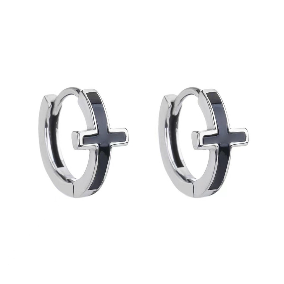 Mens Small Black Cross Huggie Hoop Earrings Surgical Steel Gothic Punk ...