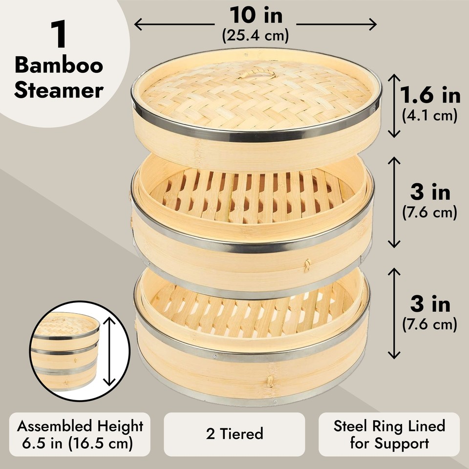 2 Tier Bamboo Steamer Basket 10 Inch for Dim Sum Bao Bun Dumpling ...