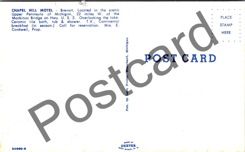 CHAPEL HILL MOTEL, Brevort MI, Mrs E. Cardwell, Prop., postcard jj203 ...