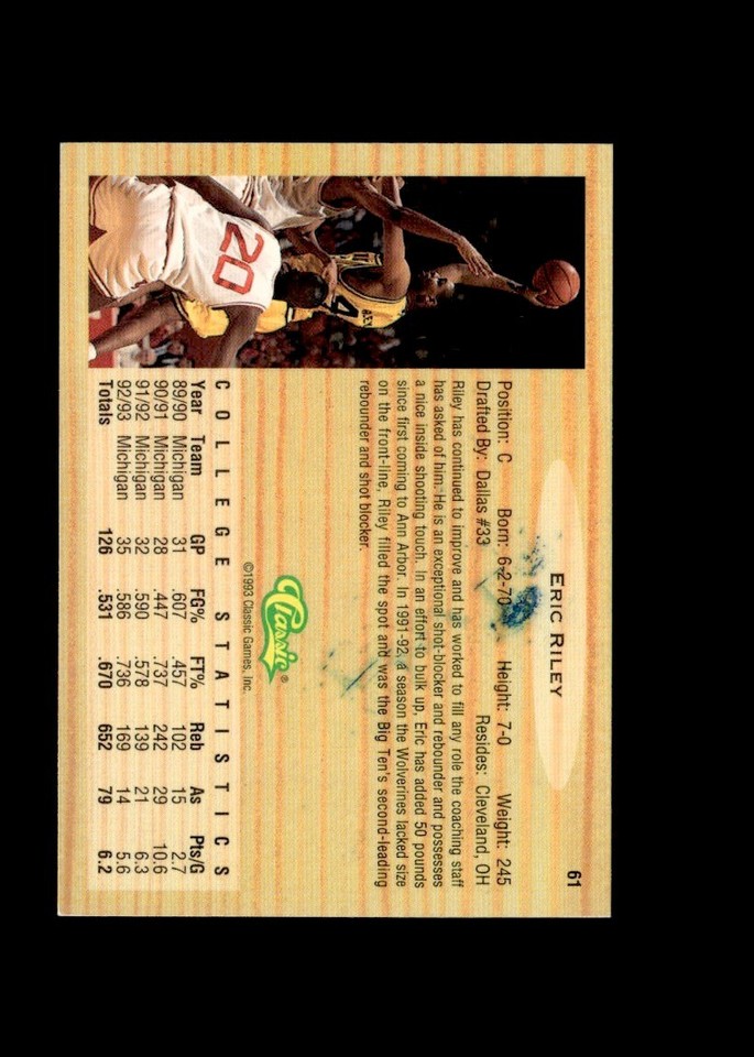 1993-94 Classic Best Eric Riley #61 Authentic Autographed Card Michigan ...