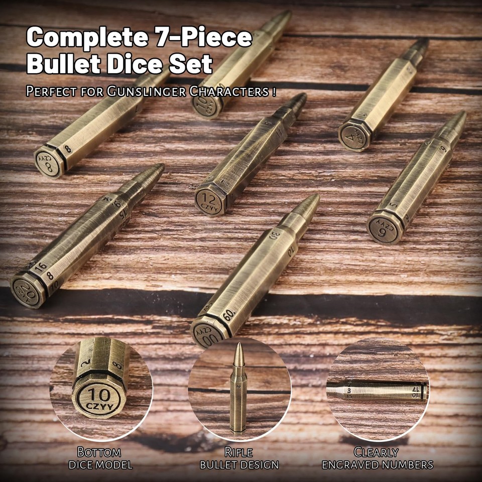 Rifle Bullet Dice Set - Solid Metal 7 Polyhedral Dice Set with Spinning ...