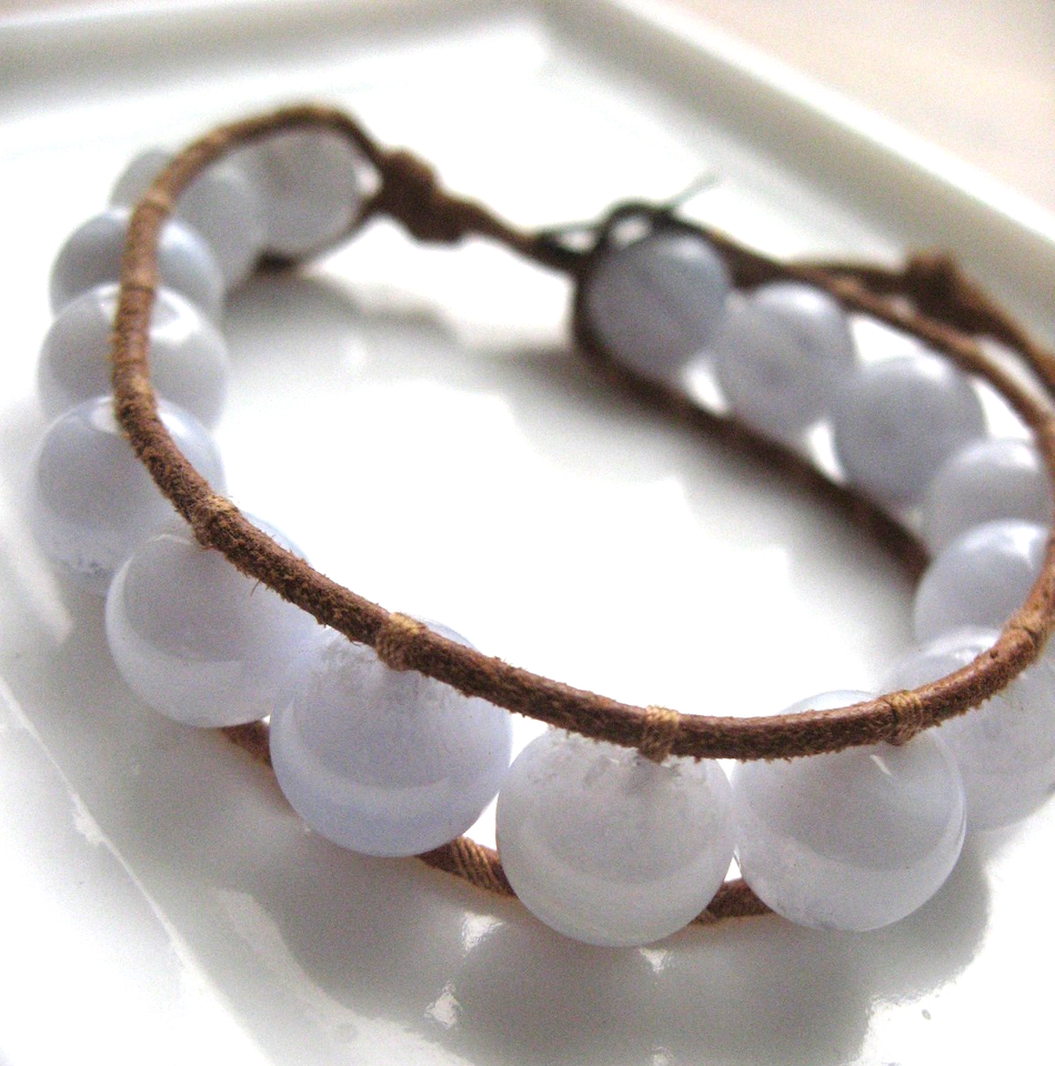 Chan Luu Bracelet Blue Lace Agate Glowing Stones on Cocoa Leather ...