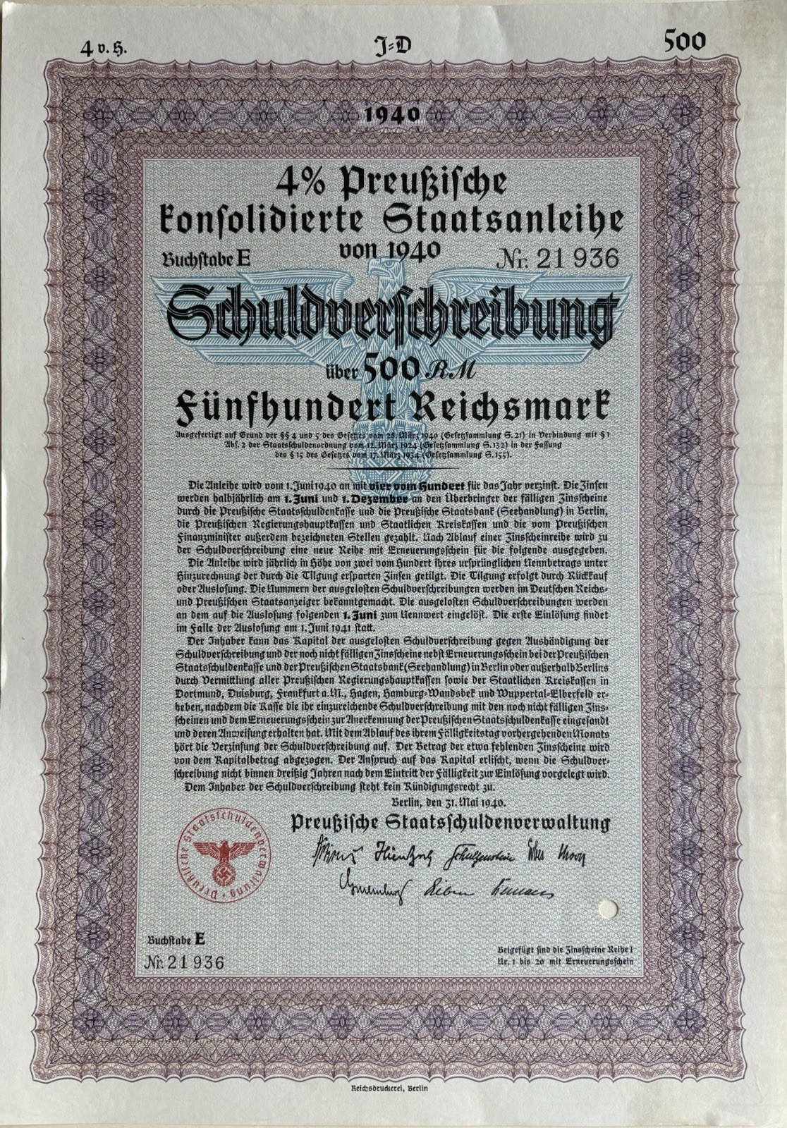 Germany 500 Reichsmark-Blue Eagle 1940 WW2 Berlin War Bond. Extremely ...