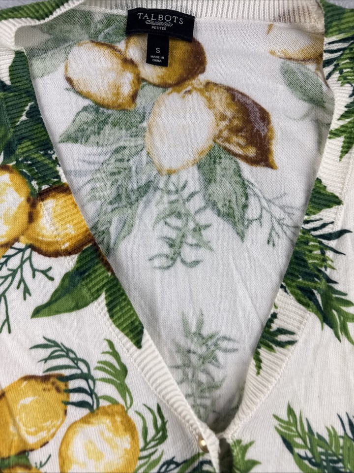 Talbots Small Petite Lemons Print Button Down Sweater 3/4 Sleeve Women ...