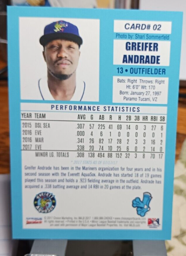 2017 Choice Everett AquaSox Baseball Card of Greifer Andrade #2 (NM ...