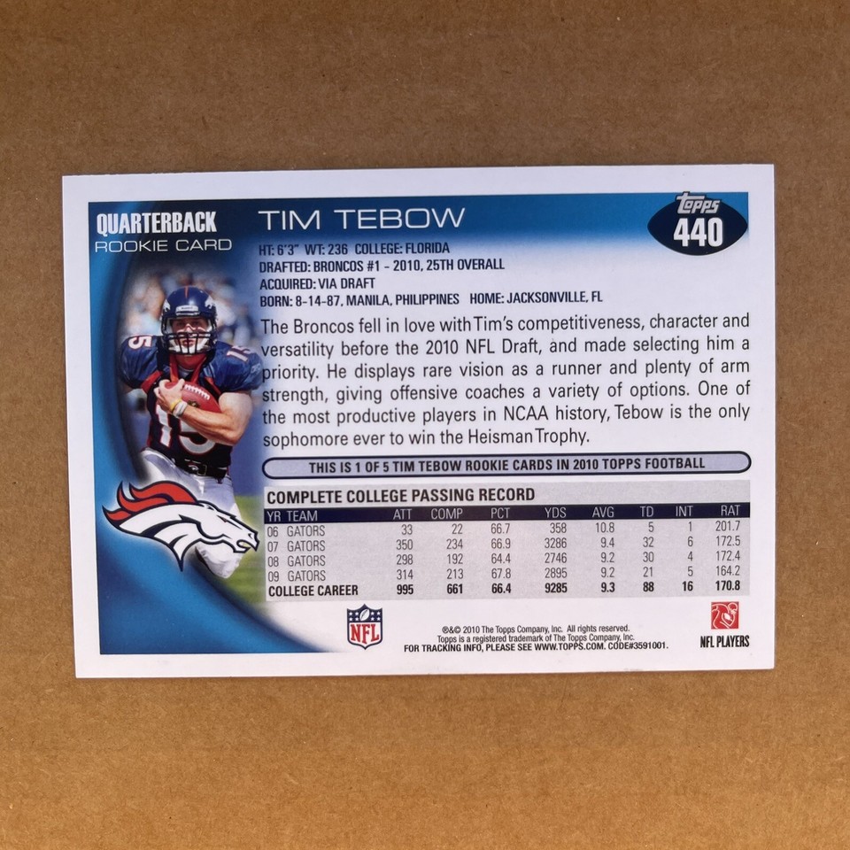 TIM TEBOW 2010 Topps Football Rookie Card RC #440 MINT Broncos Gators ...
