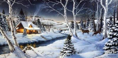A Winters Night By Mark Daehlin Cabin Deer Large Art Print Image Size ...