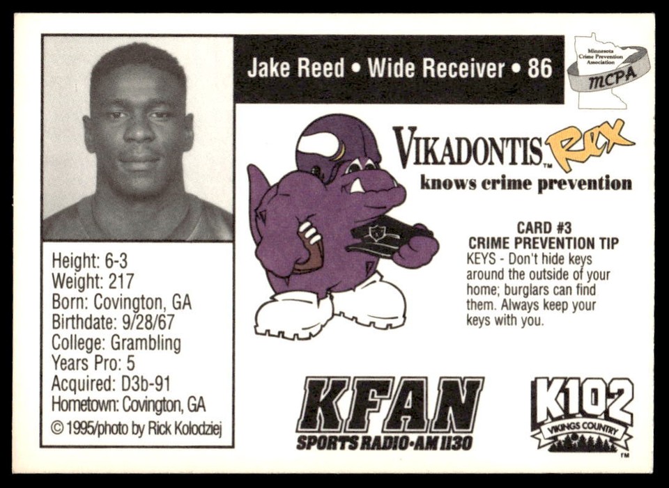 1995 Minnesota Vikings Police 3 Jake Reed Football Card | eBay