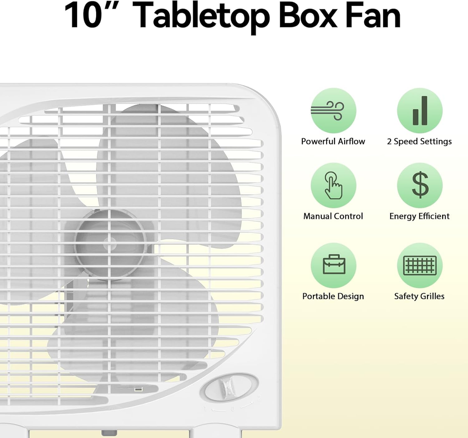 10" Tabletop Box Fan for Bedroom, 2 Speeds, Quiet Table Fan with Strong ...