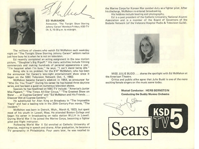 Autographed Program TV Host Sidekick Ed McMahon & Singer Actress Julie ...