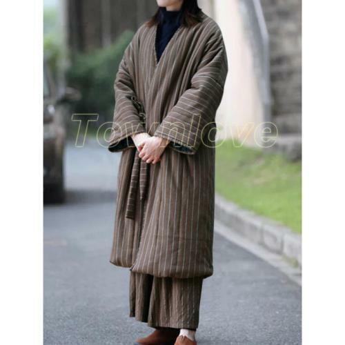 Vintage Style Women Long Quilted Jacket Thick Stripe Loose Cotton Robe ...