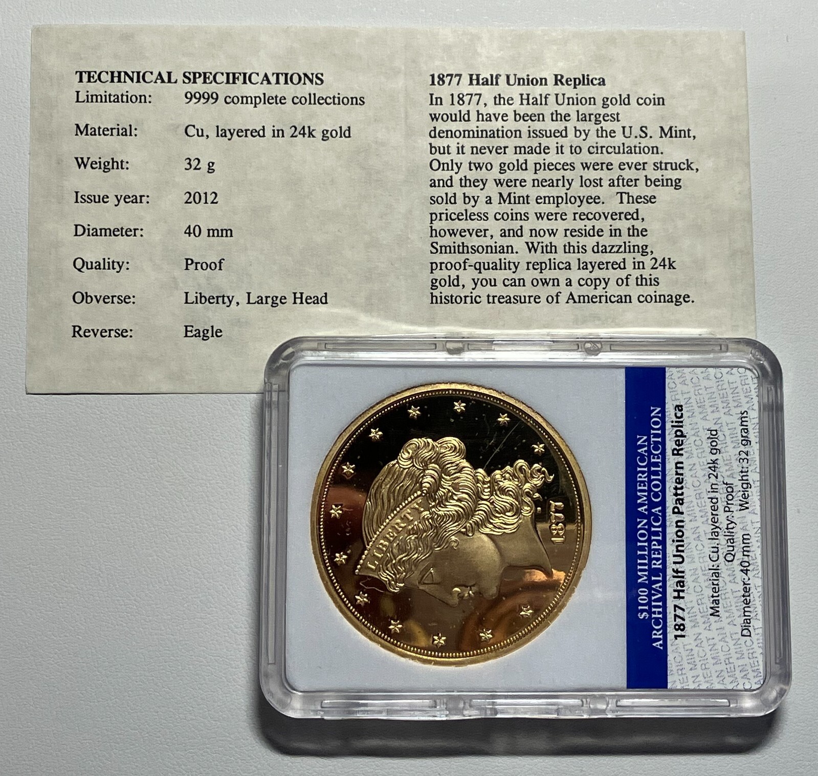 1877 Half Union Pattern Replica Archival Collection American Mint with ...