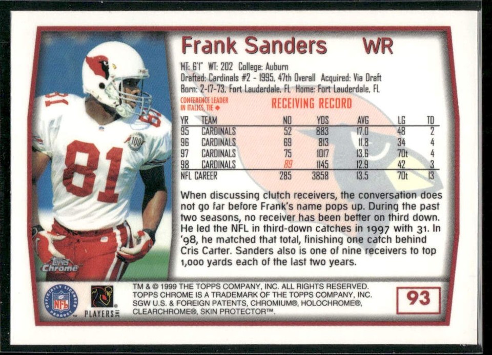Frank Sanders 1999 Topps Chrome #93 | eBay