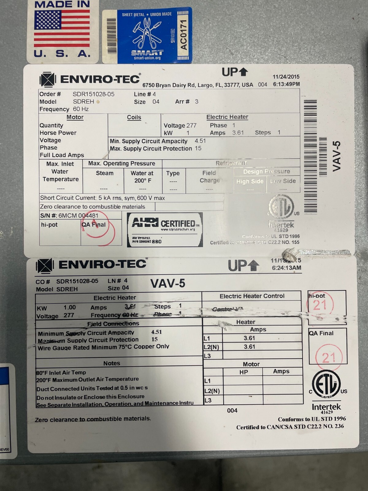 ENVIRO-TEC/ Johnson Controls SDR-EH Size 04 VAV | eBay