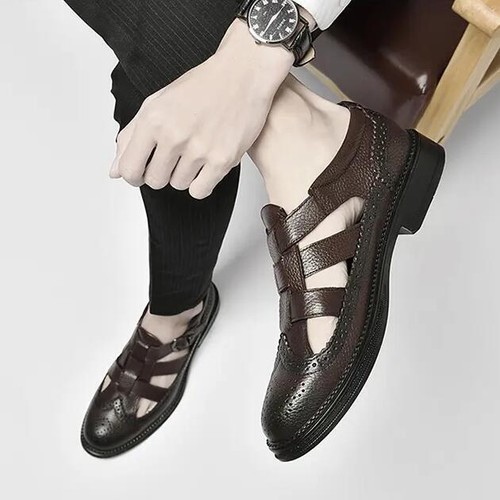 Men's Real Leather Roman Style Hollow Out Sandals Closed Toe Casual ...