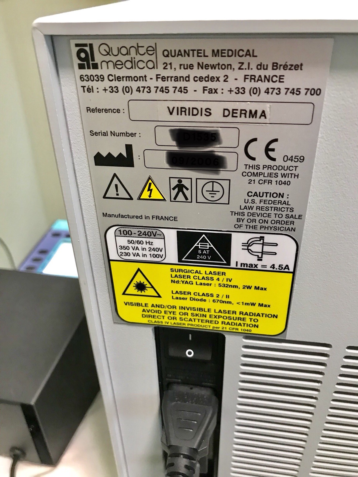 Quantel Viridis Derma Laser 2006 with Footpedal and Power Cord With ...