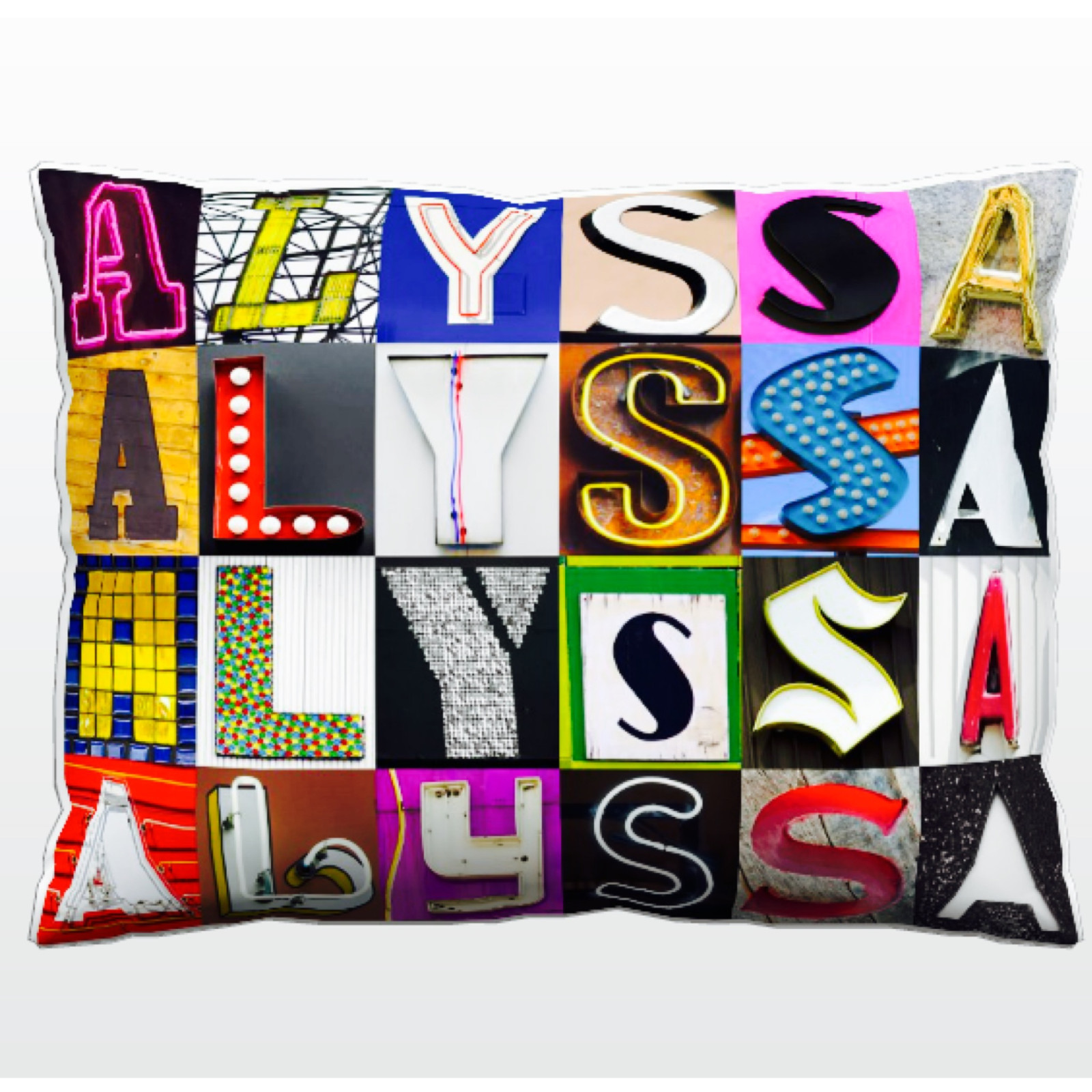 Personalized Pillow featuring the name ALYSSA in photos of sign letters ...