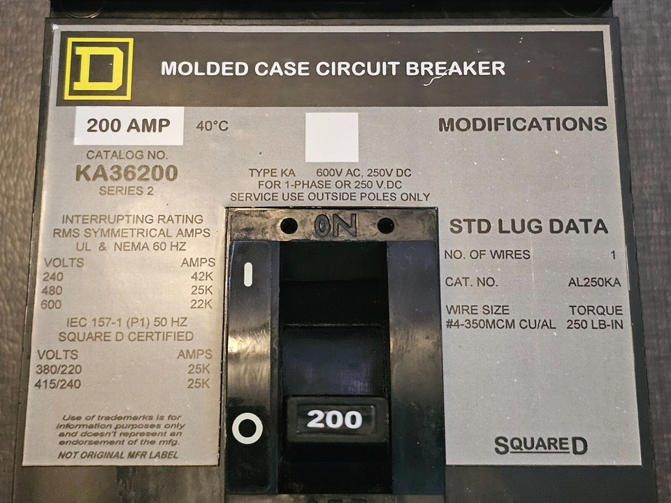 USED Square D KA36200 3 Pole 200 Amp 600 Volt I-Line Mount EOK | eBay