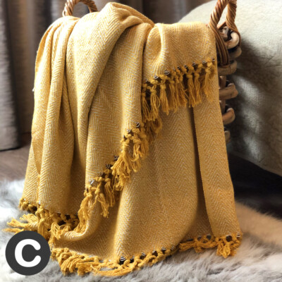 Luxury Ochre Yellow Mustard Herringbone Throw 100% Cotton Fringed Bed ...