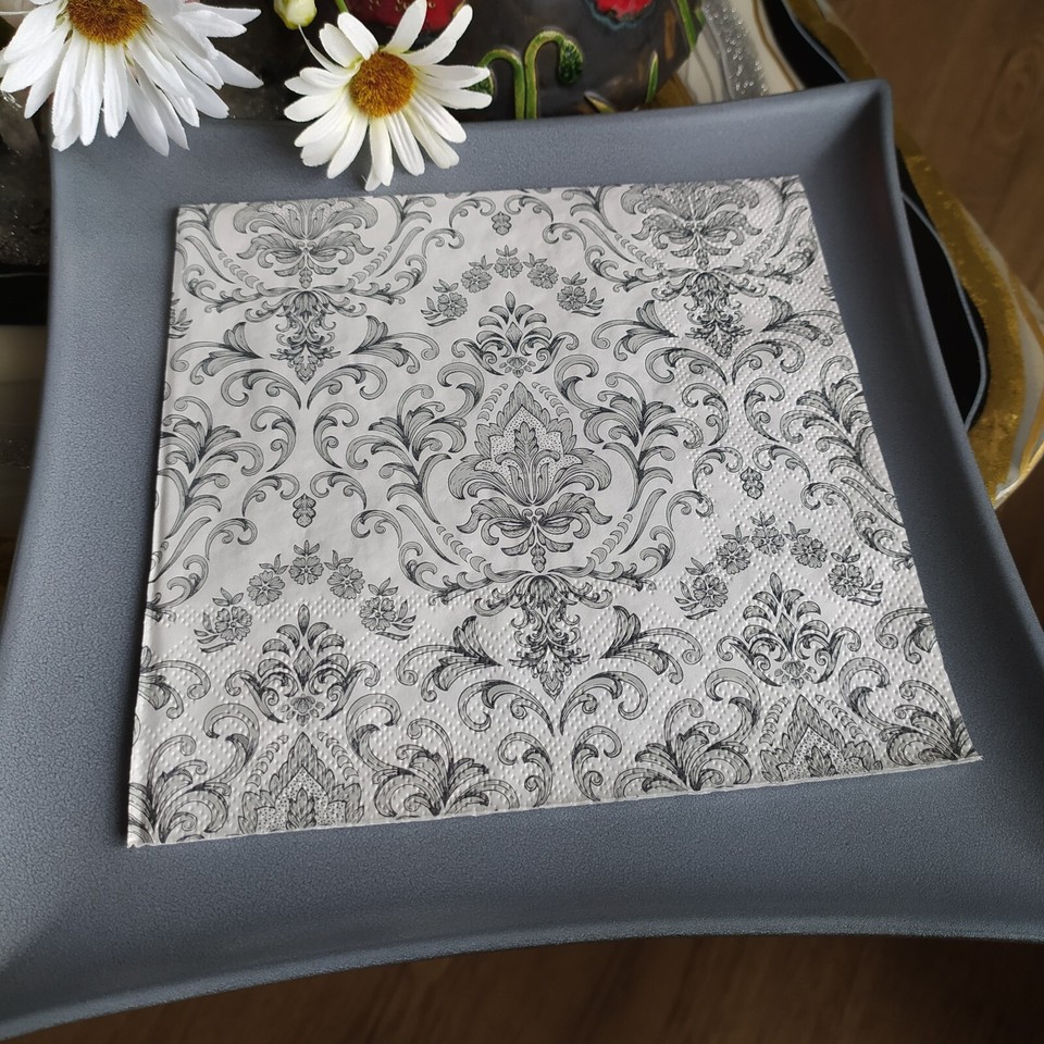 T764# 3 x Single Paper Napkins For Decoupage Gray Swirl Damask Pattern ...