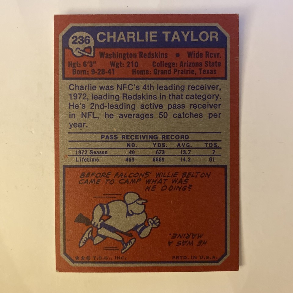 1973 Topps Football Charlie Taylor Washington Redskins Card #236 | eBay