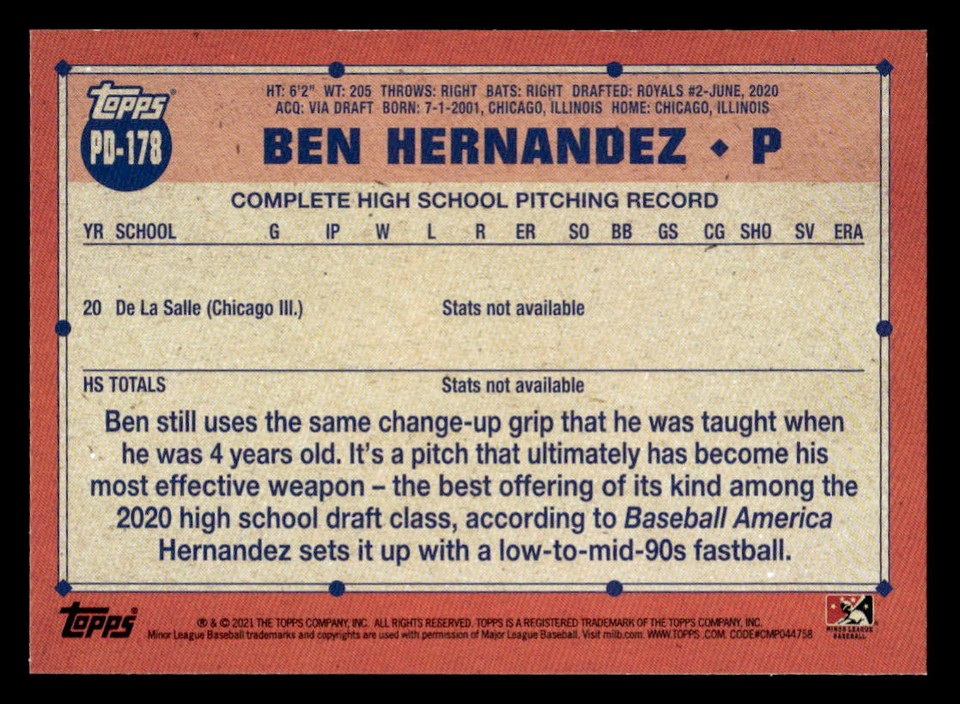 2021 Topps Pro Debut #PD-178 Ben Hernandez AZL Royals | eBay