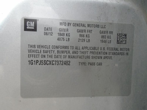 Passenger Side View Mirror Power VIN P 4th Digit Fits 11-16 CRUZE ...