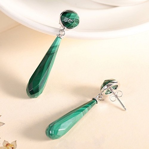 Solid 925 Sterling Silver Stud Natural Malachite Long Water Drop Dangle ...