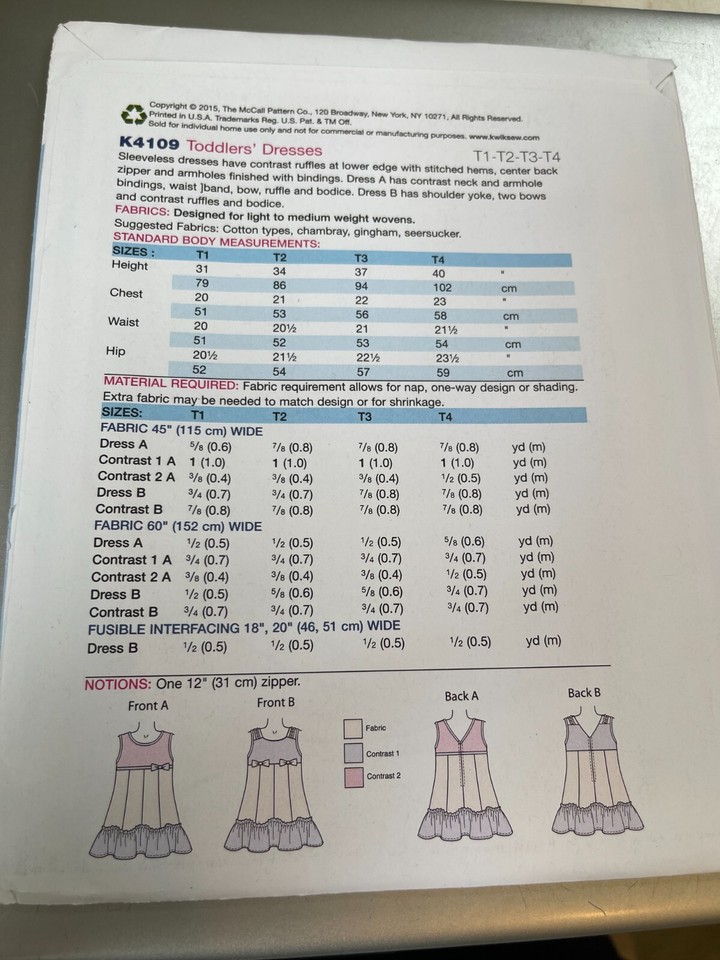 Kwik Sew Pattern K4109 Toddler Girls Sleeveless Dress w/Ruffles & Opts Sz T1-T4 | eBay