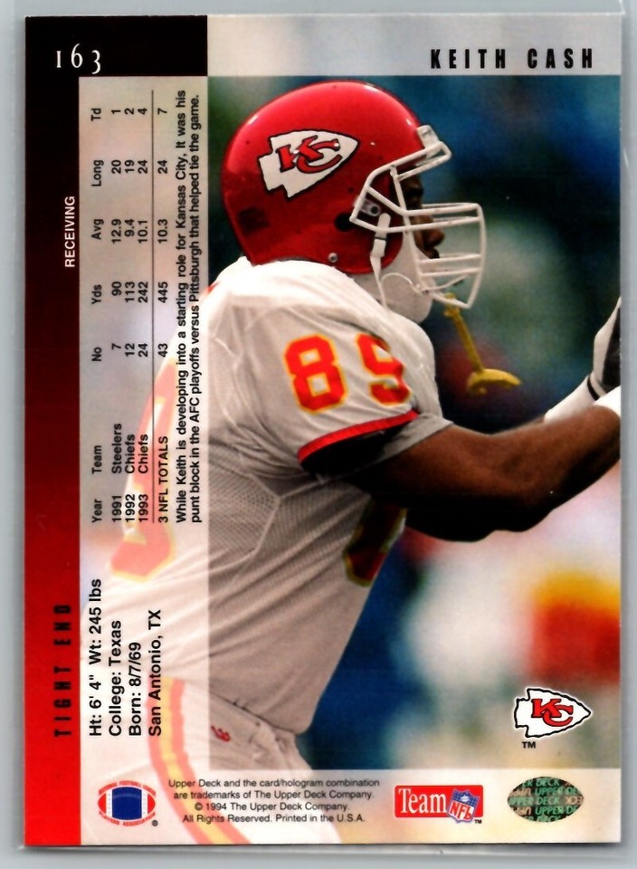 1994 UPPER DECK KEITH CASH KANSAS CITY CHIEFS #163 | eBay