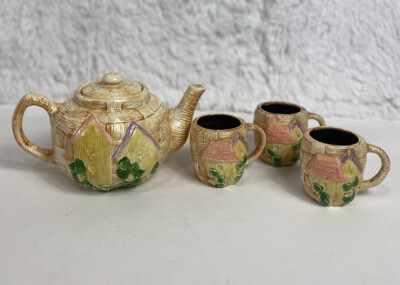 Ceramic Fall Harvest Teapot Set 3 cups Basket Weave Autumn Table Decor ...