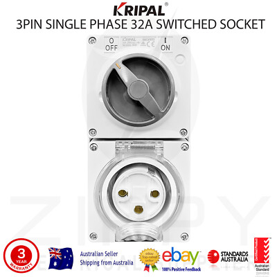 Kripal 3PIN 32A 1 Phase IP66 Switched Socket Outlet (SAA APPROVED, 3YR ...