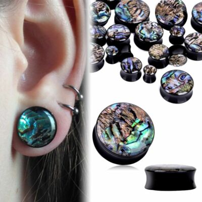 PAIR-BLACK ACRYLIC AND ABALONE SHELL EAR PLUGS EAR GAUGES FLESH TUNNELS ...