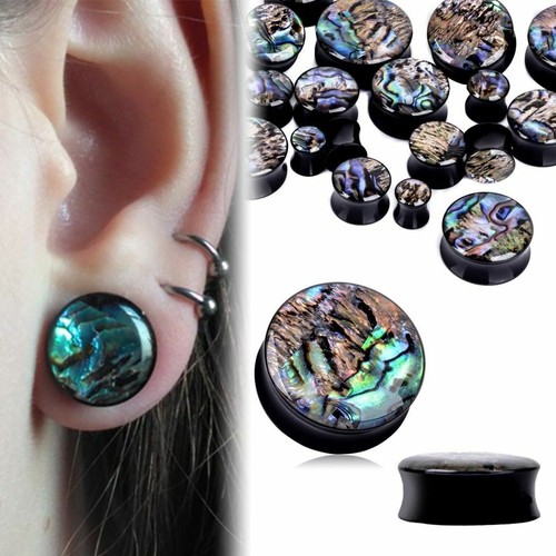 PAIR-BLACK ACRYLIC AND ABALONE SHELL EAR PLUGS EAR GAUGES FLESH TUNNELS ...