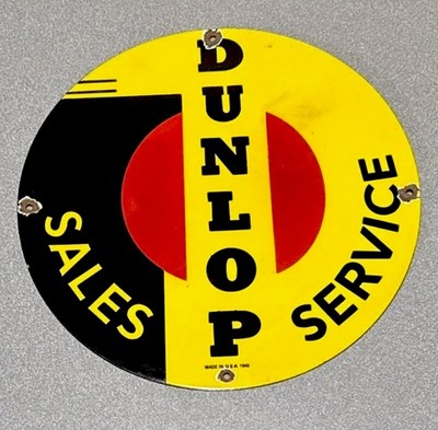 VINTAGE 12” 1948 DUNLOP TIRES PORCELAIN SIGN CAR GAS TRUCK MOTORCYCLE ...